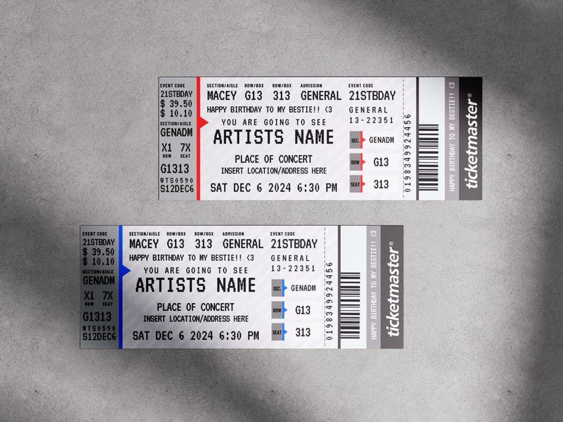 Custom Ticketmaster Concert Ticket Template | Surprise Concert Gift ...