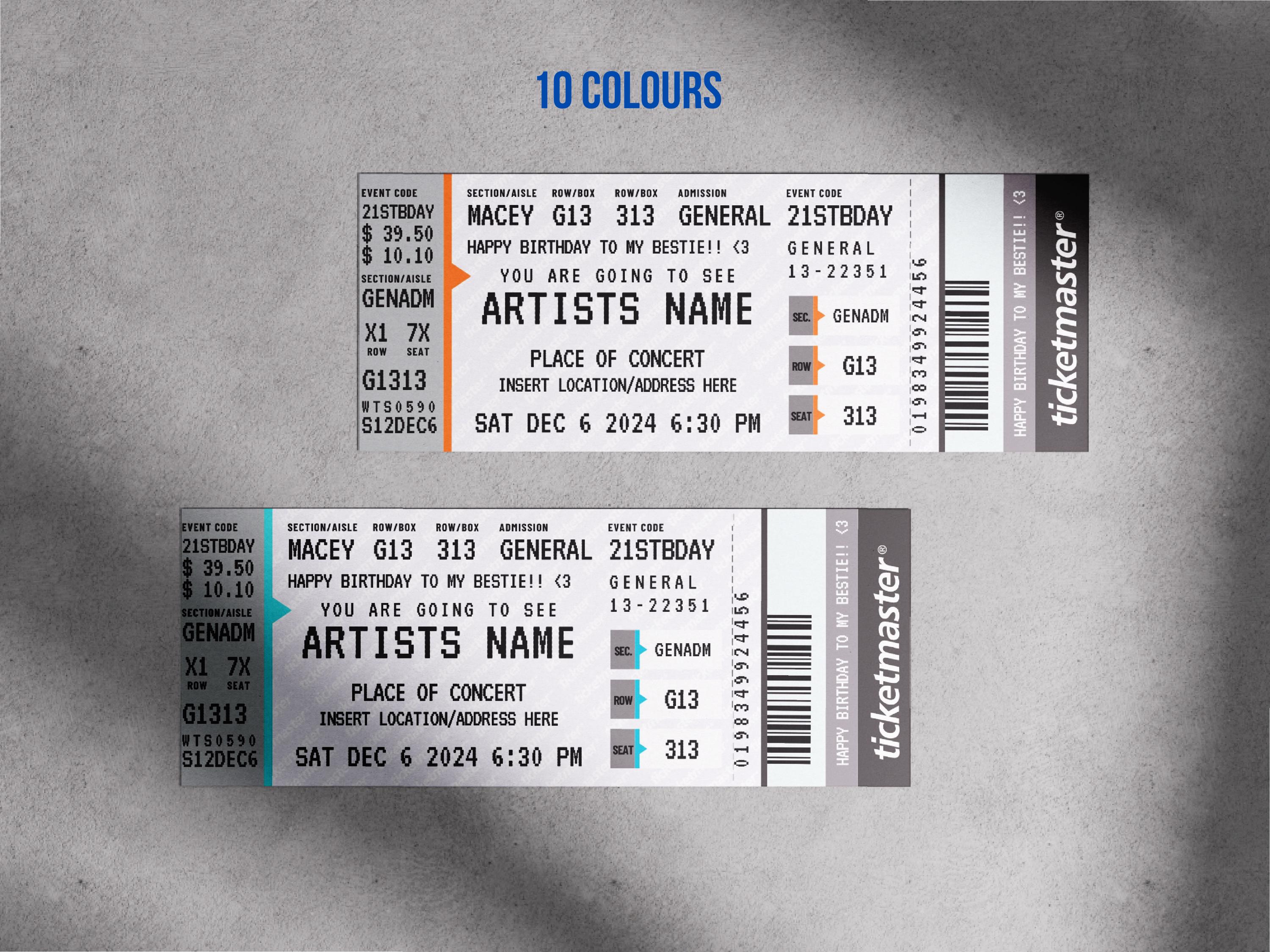 Custom Ticketmaster Concert Ticket Template | Surprise Concert Gift | Birthday Present ...