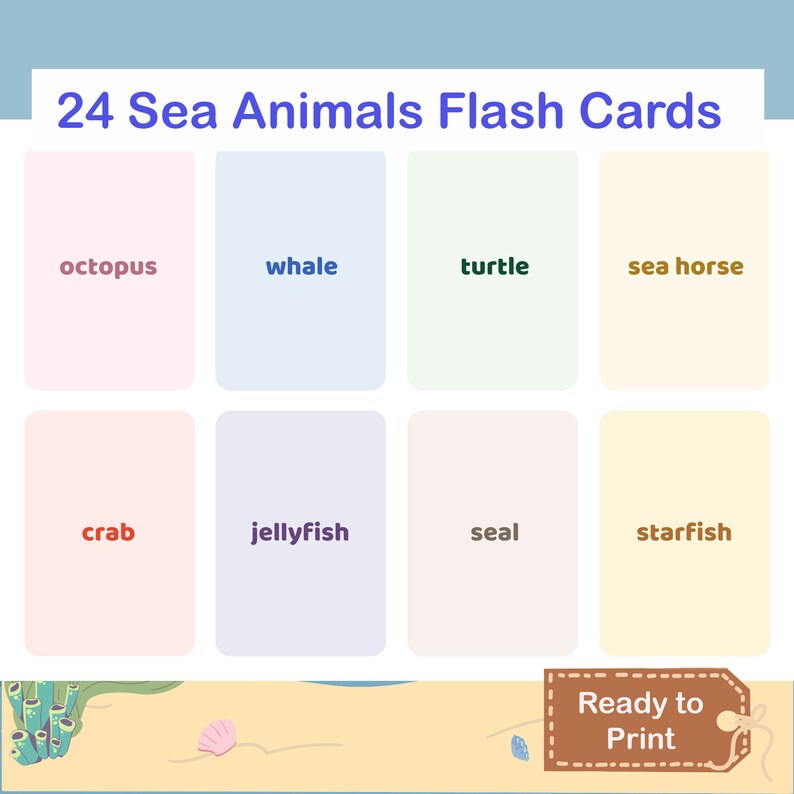 Cute Sea Animals Flashcards 24 Montessori Cards Flash Cards ...