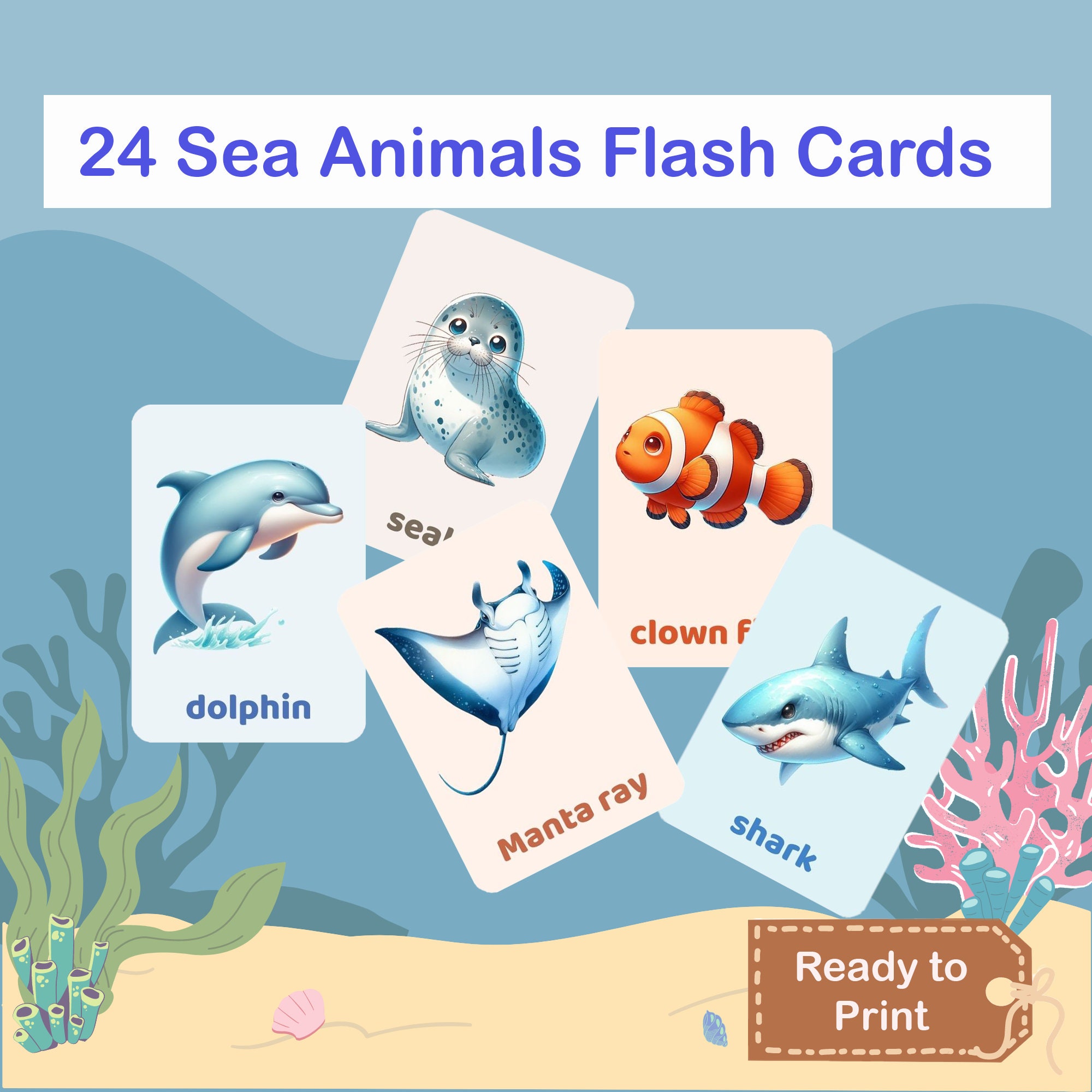 Cute Sea Animals Flashcards 24 Montessori Cards Flash Cards ...