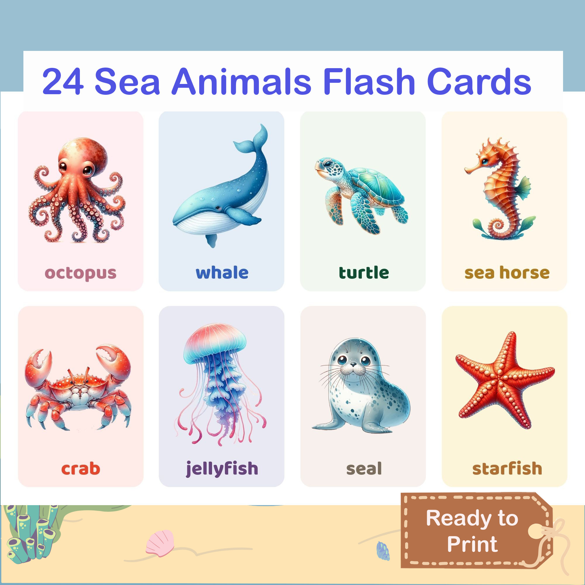 Cute Sea Animals Flashcards 24 Montessori Cards Flash Cards ...