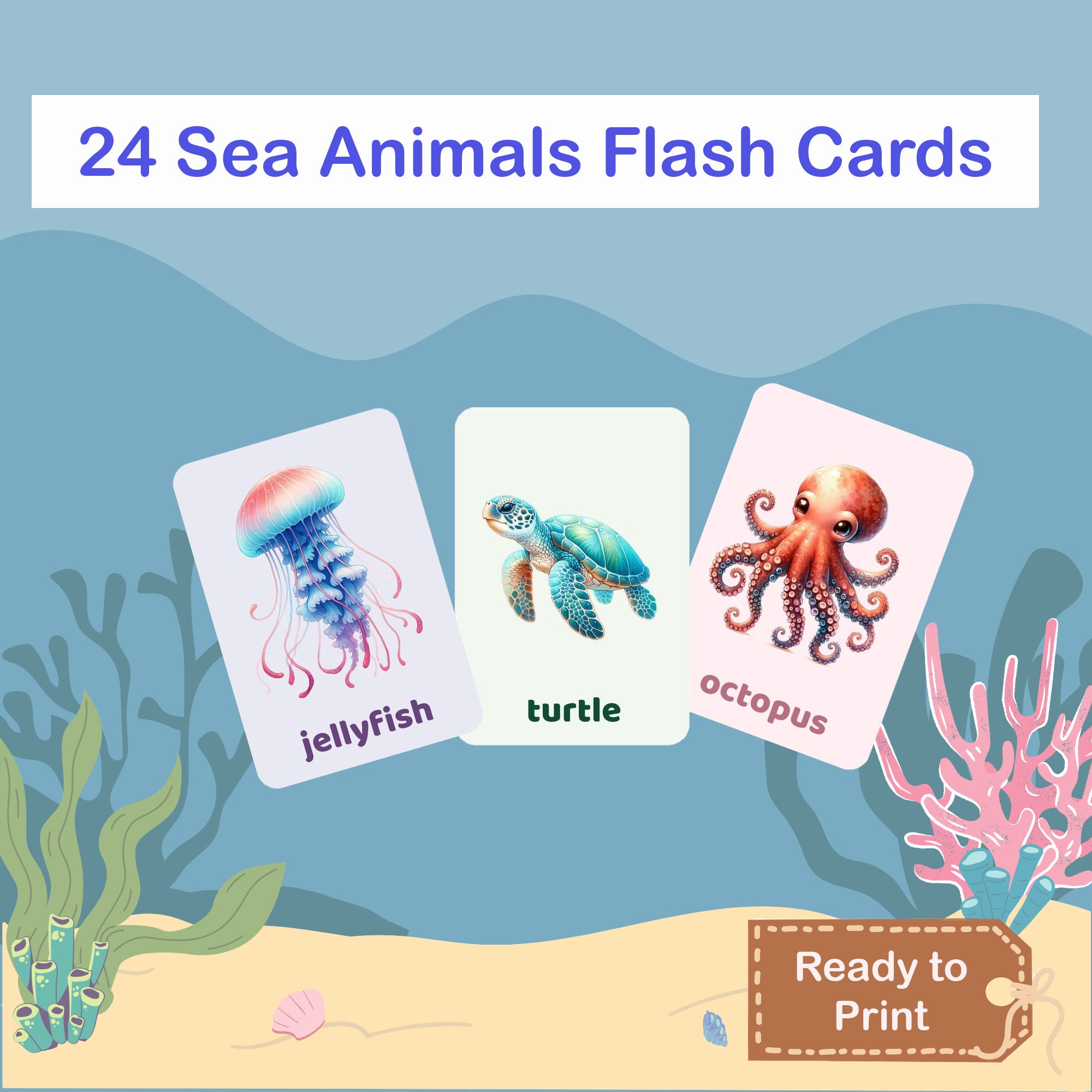 Cute Sea Animals Flashcards 24 Montessori Cards Flash Cards ...