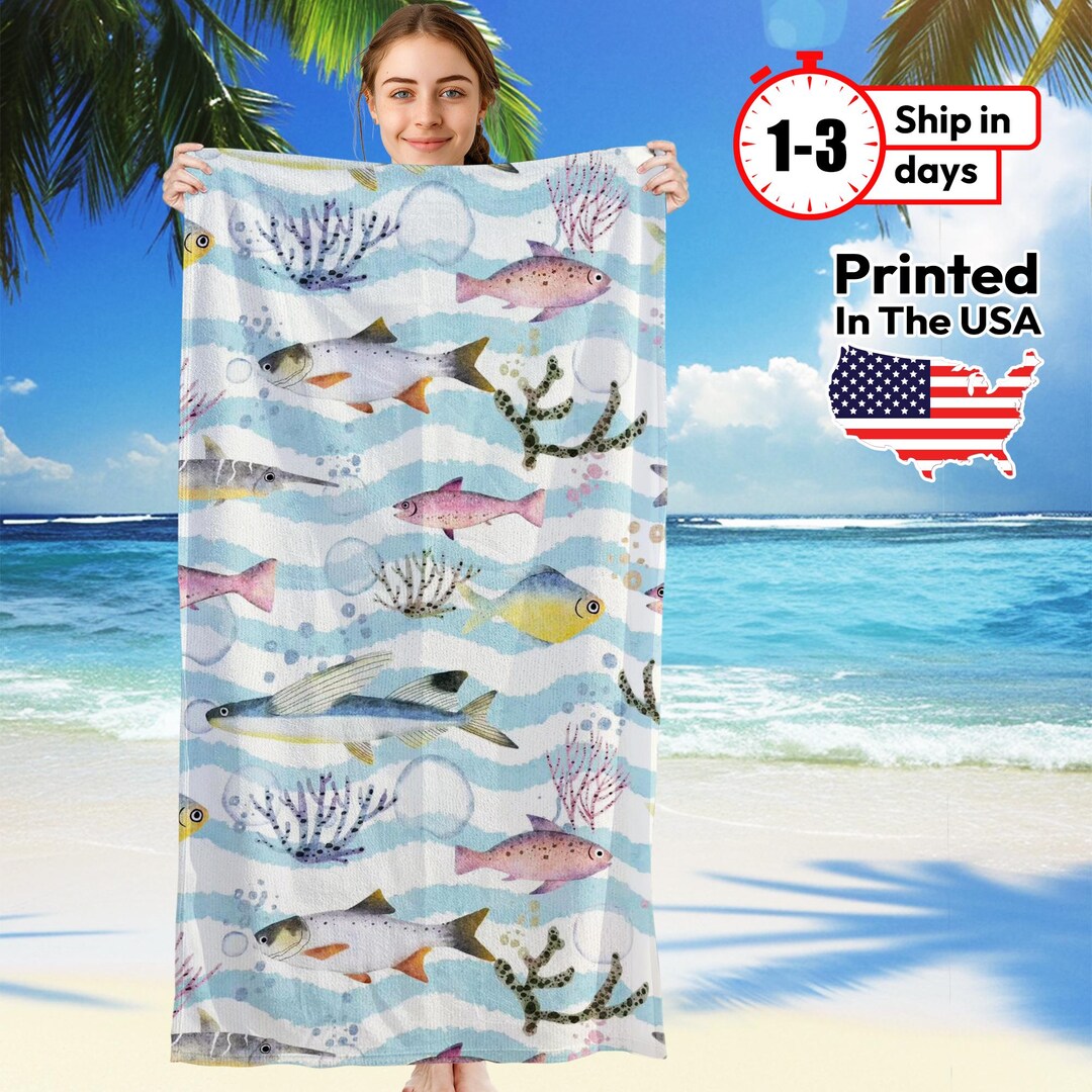 Ocean Fish Beach Towel, Personalized Beach Towel, Kids Beach Towel ...