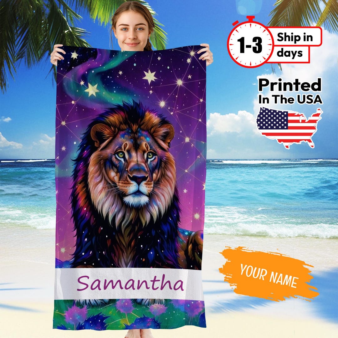 Personalized Lion Cub Beach Towel – Custom Name Jungle Animal Towel for ...