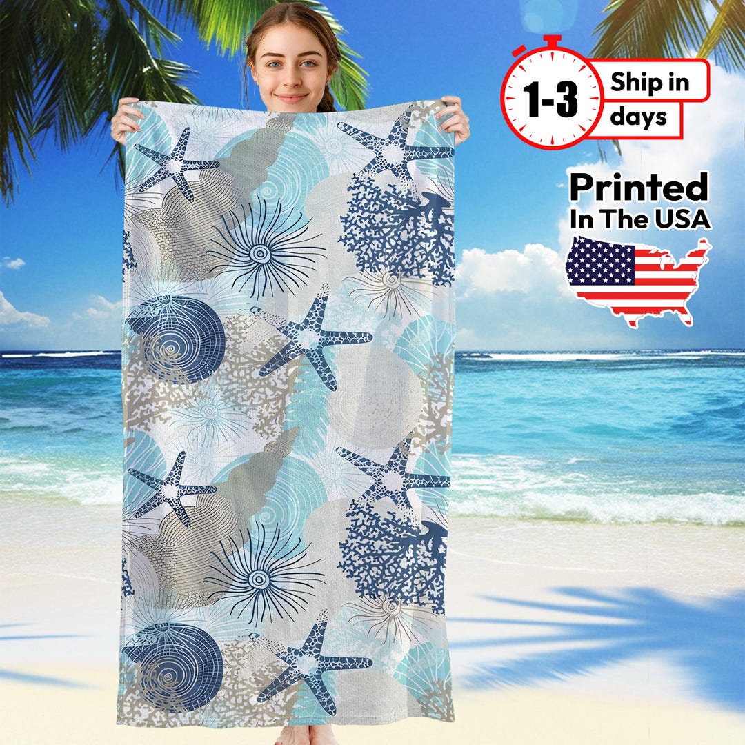 Ocean-inspired Beach Towel – Starfish & Seashell Print, Nautical Pool Towel, Coastal Summer ...