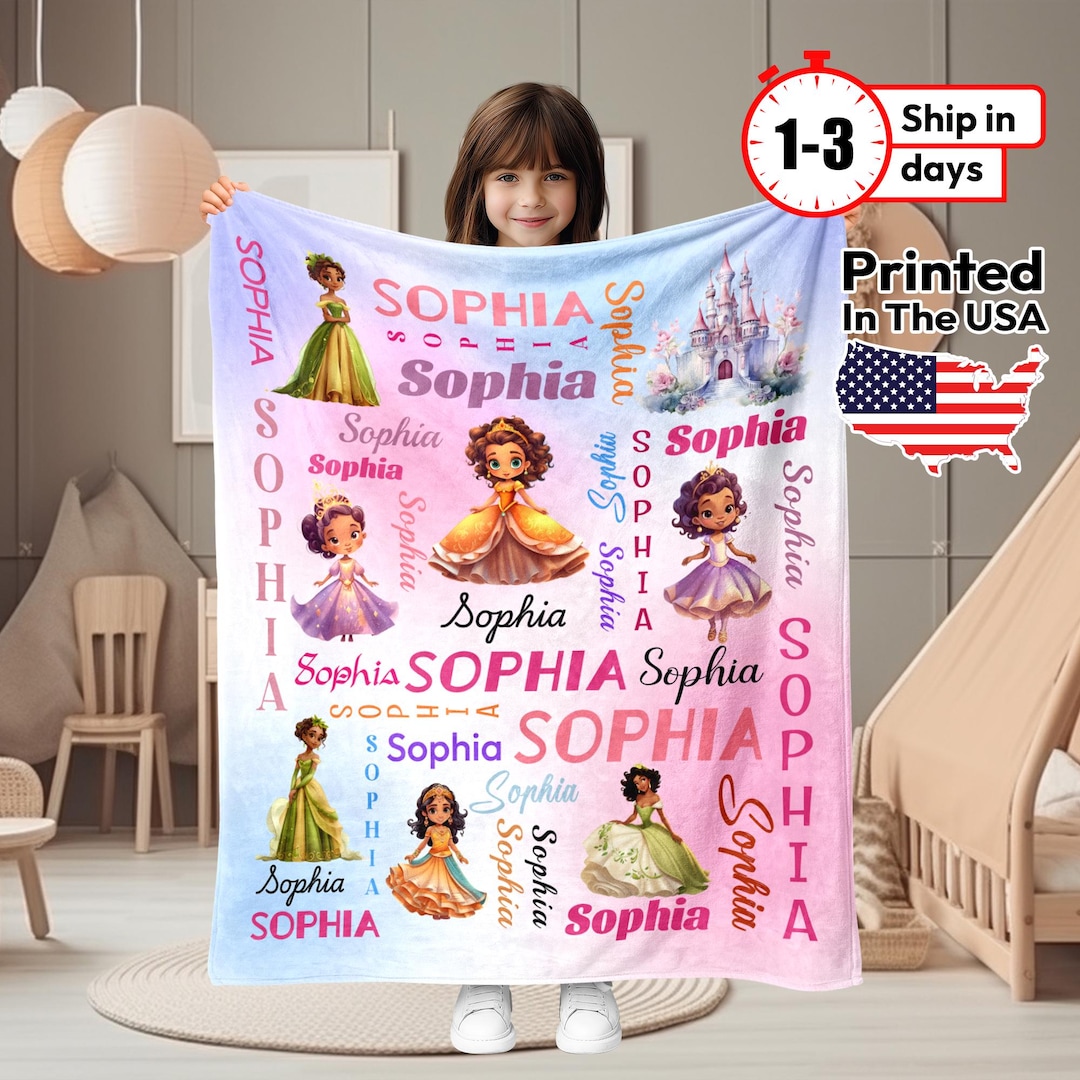 Custom Princess Blanket, Kids Name Blanket, Personalized Dark Skin Girl ...