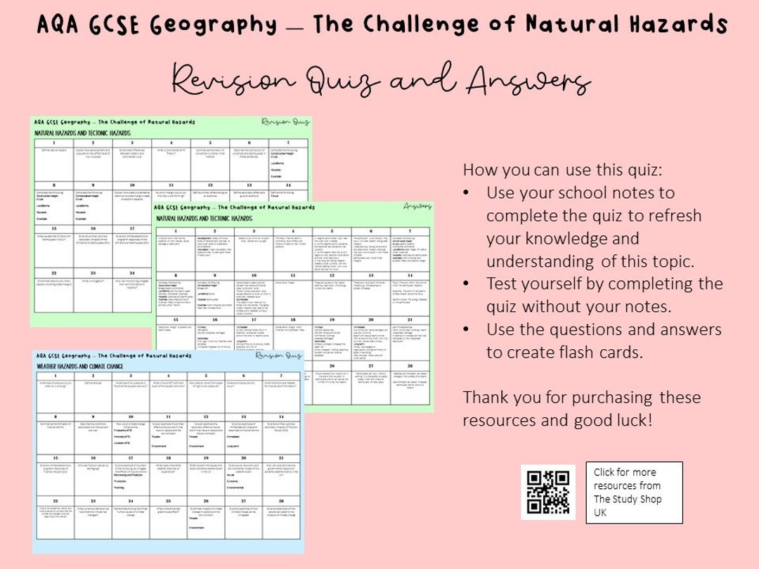 AQA GCSE Geography Challenge of Natural Hazards Revision Quiz and ...
