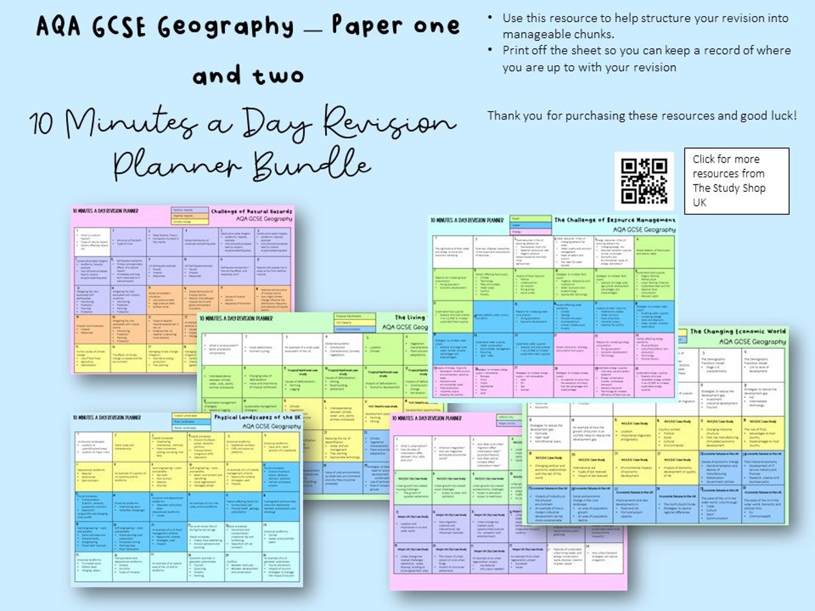 AQA GCSE Geography Paper 1 and 2 Revision Planner Bundle 10 Minutes a ...
