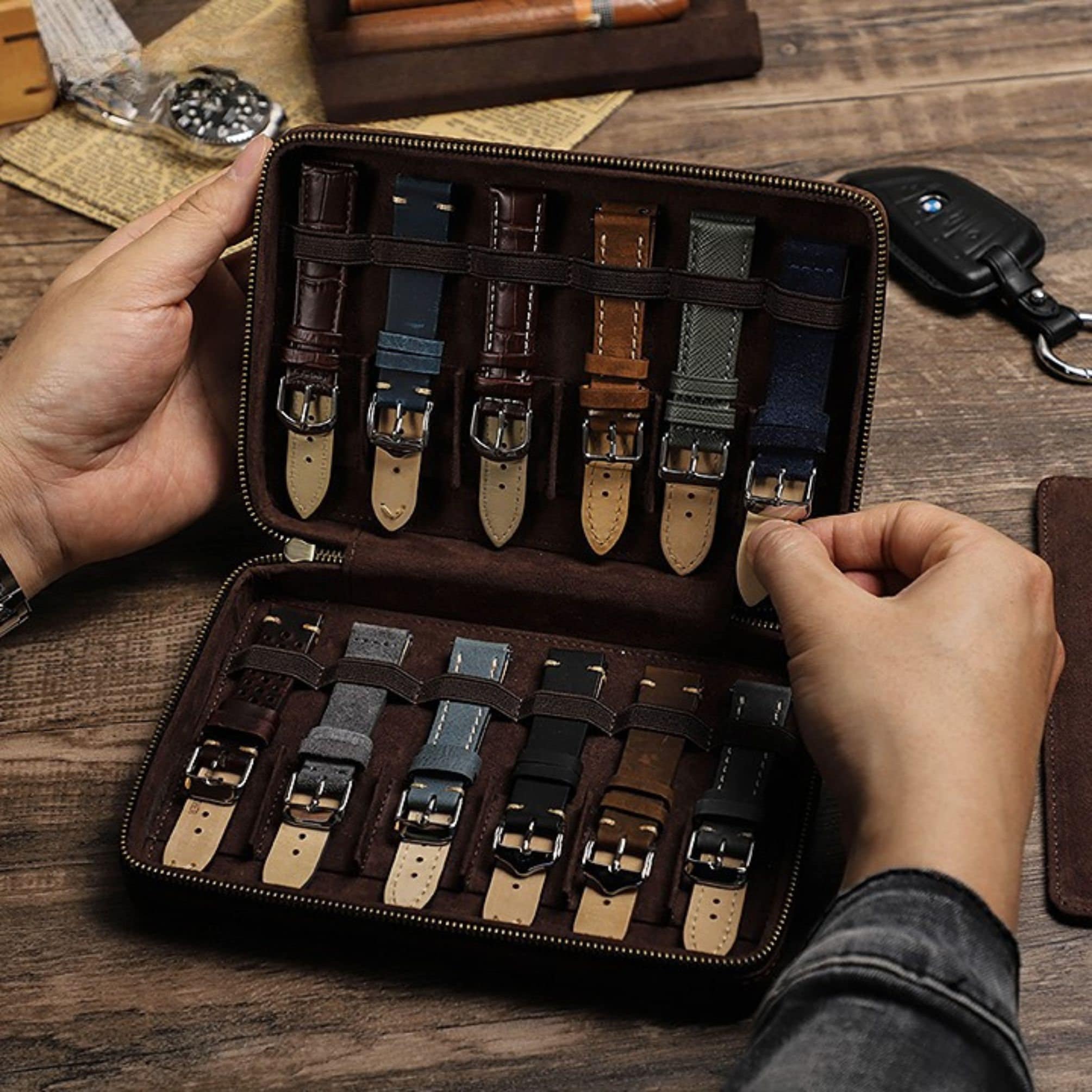 Full Grain Leather Watch Band Box for 12 Bands, Travel Watch Straps Box ...