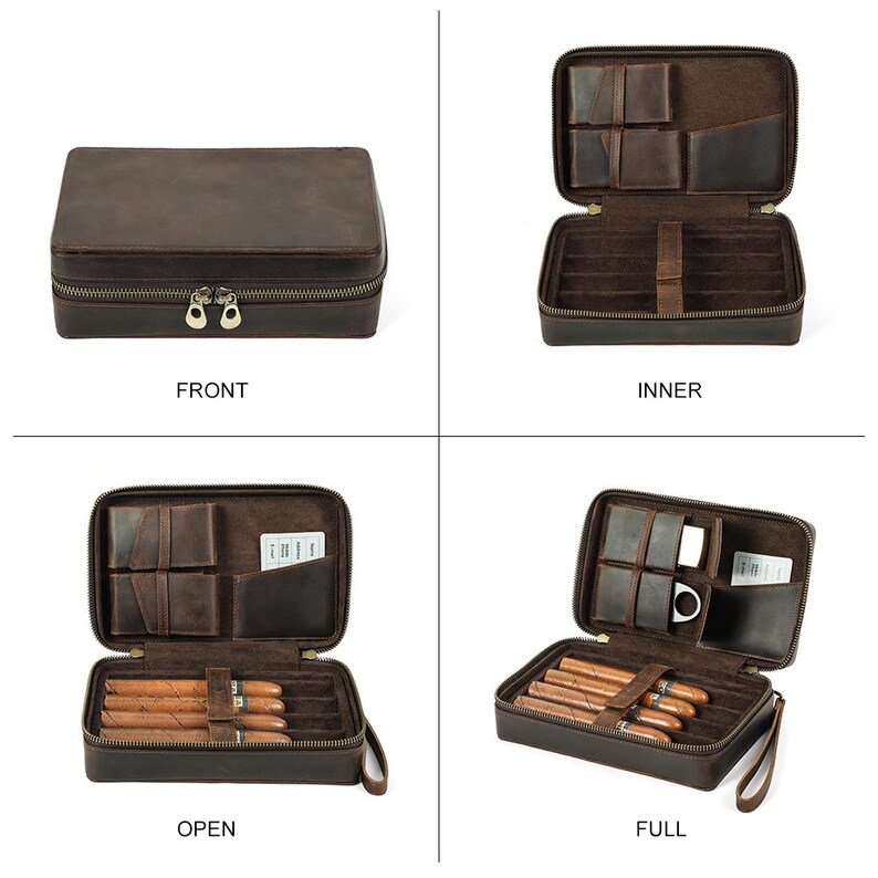Leather Cigar Travel Case Holder Men With Lighter Cutter Pocket Humidor ...