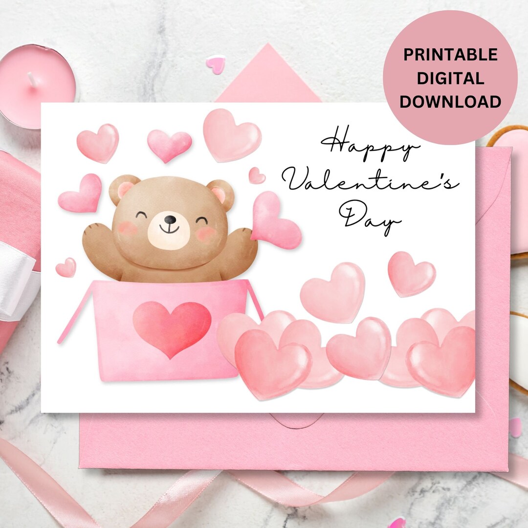 Printable Greeting Card With Envelope Happy Valentine's Card Cute Bear ...