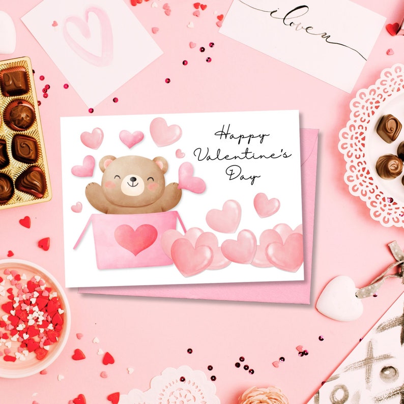 Printable Greeting Card With Envelope Happy Valentine's Card Cute Bear ...