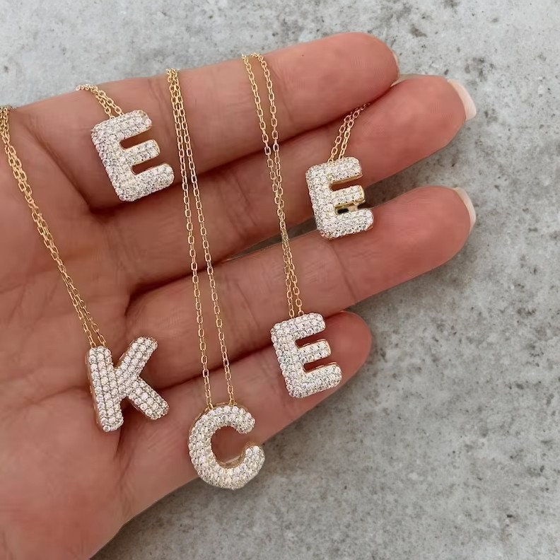 Pave Bubble Diamond Initial Necklace A-Z, Bubble Letter Necklace, CZ ...