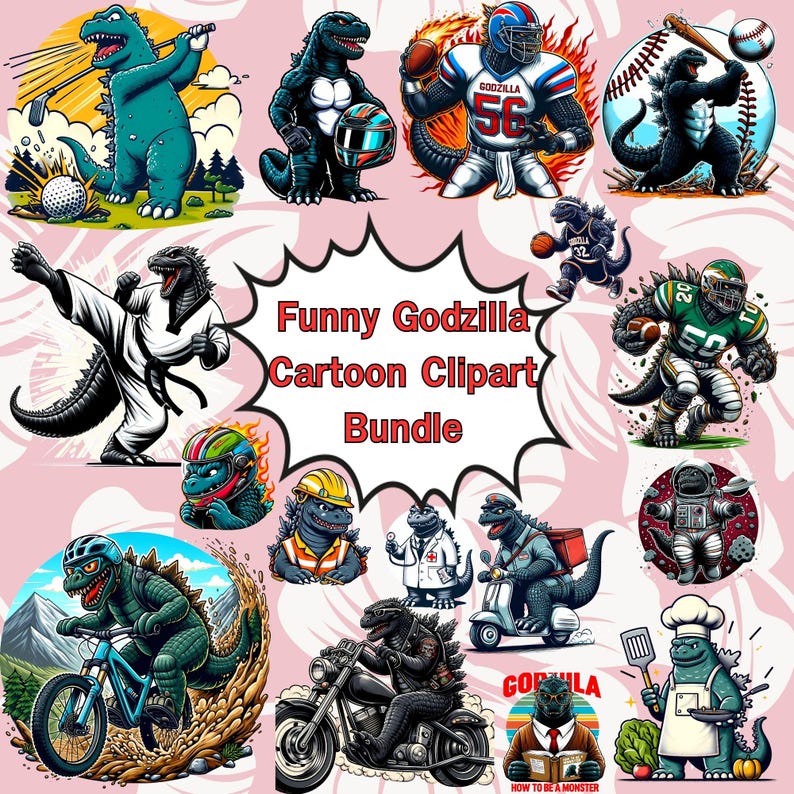 Funny Godzilla Cartoon Clipart Bundle, Sport, Chef, Motorcycle, Cute ...