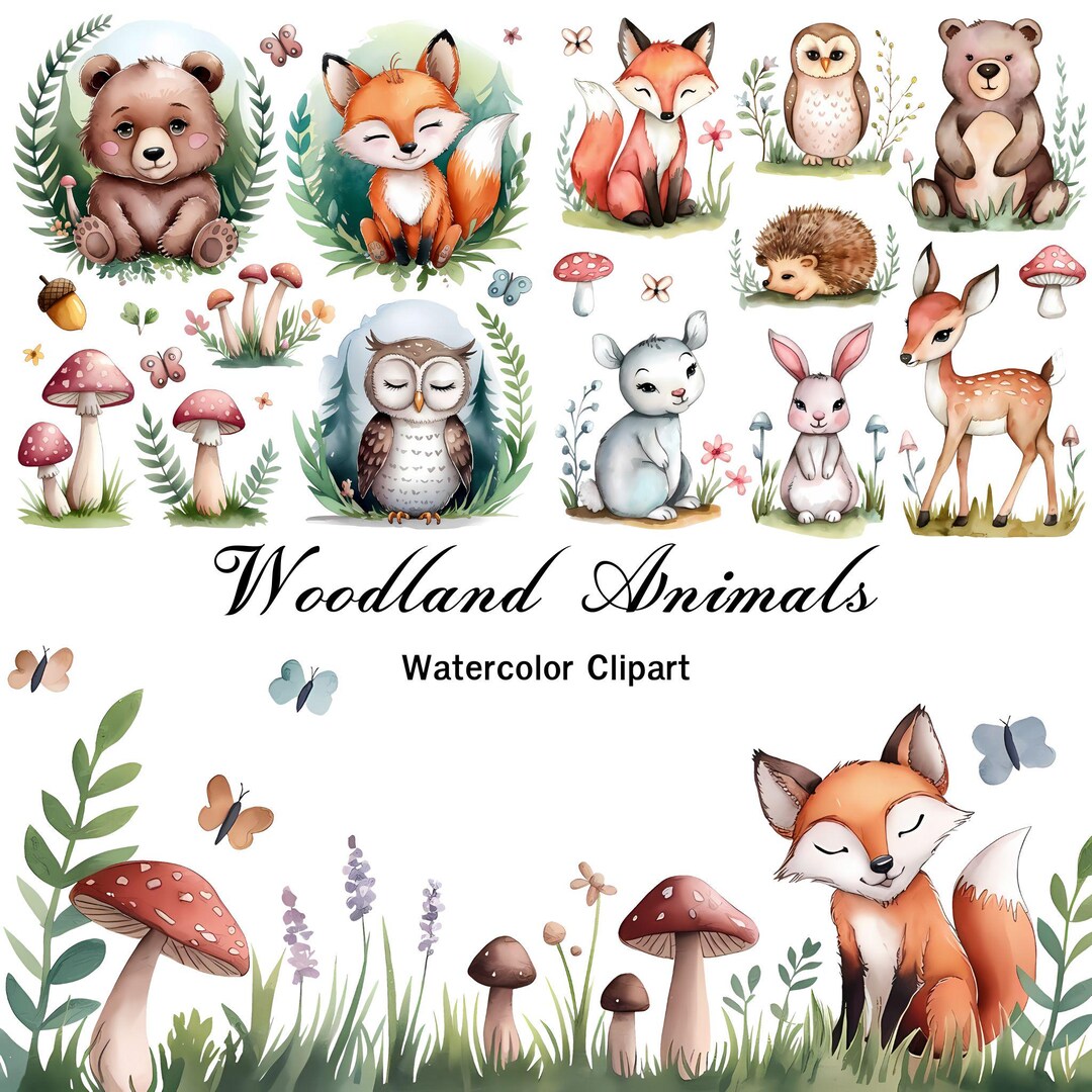 Woodland Animals Clipart, Cute Forest PNG, Animals Watercolor Clipart ...