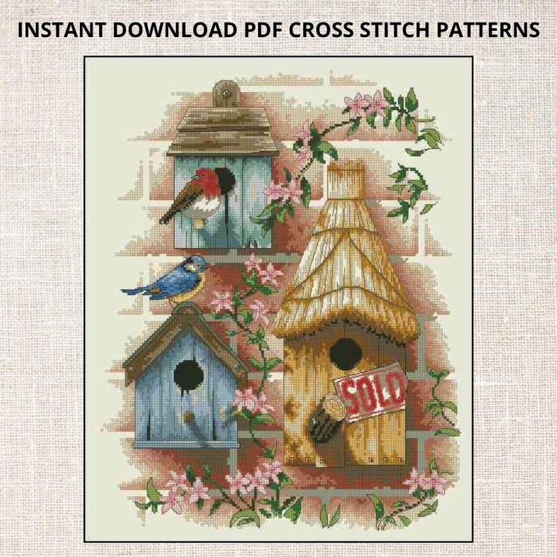 New Home Counted Cross Stitch PDF Pattern Birdhouse Bluebirds Instant ...