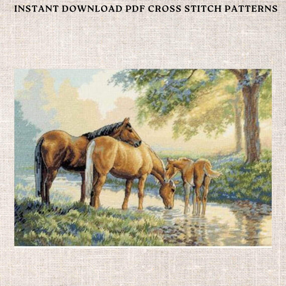 Cross Stitch PDF Pattern Horses by a Stream | Cross Stitch Pattern ...