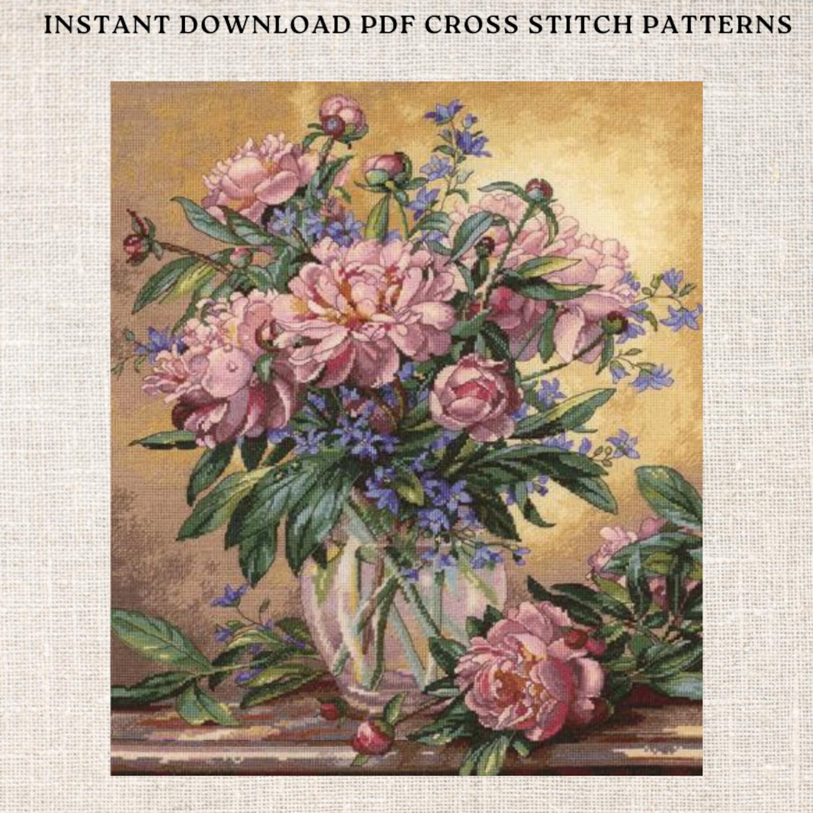 Cross Stitch PDF Pattern Peonies and Canterbury Bells Cross Stitch ...