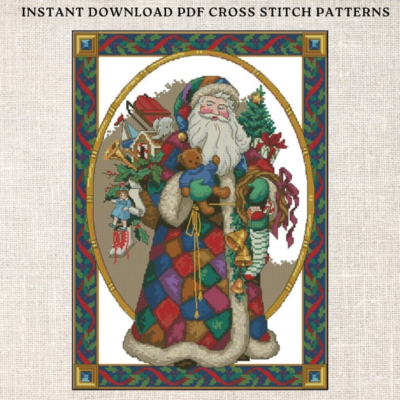 Cross Stitch PDF Pattern Patchwork Santa Cross Stitch Pattern Christmas ...