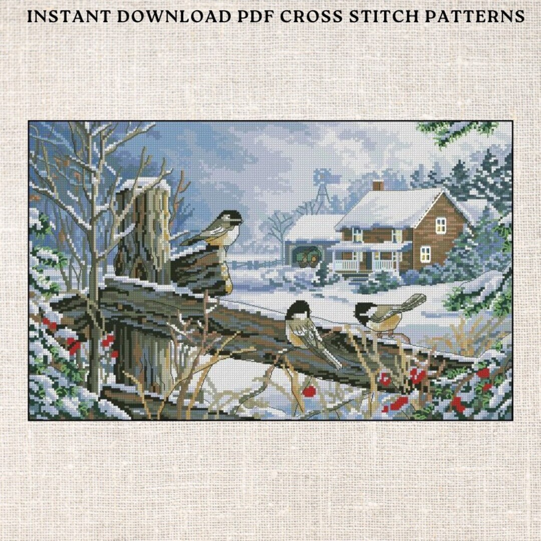 Cross Stitch PDF Pattern Chickadees on a Fence Cross Stitch Pattern ...