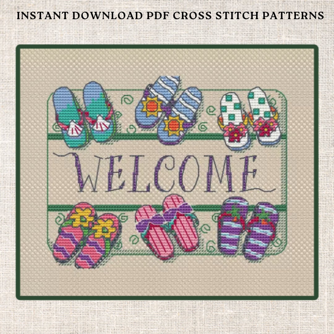 Cross Stitch PDF Pattern Welcome Cross Stitch Pattern Summer Flip Flops Cross Stitch Pattern PDF ...