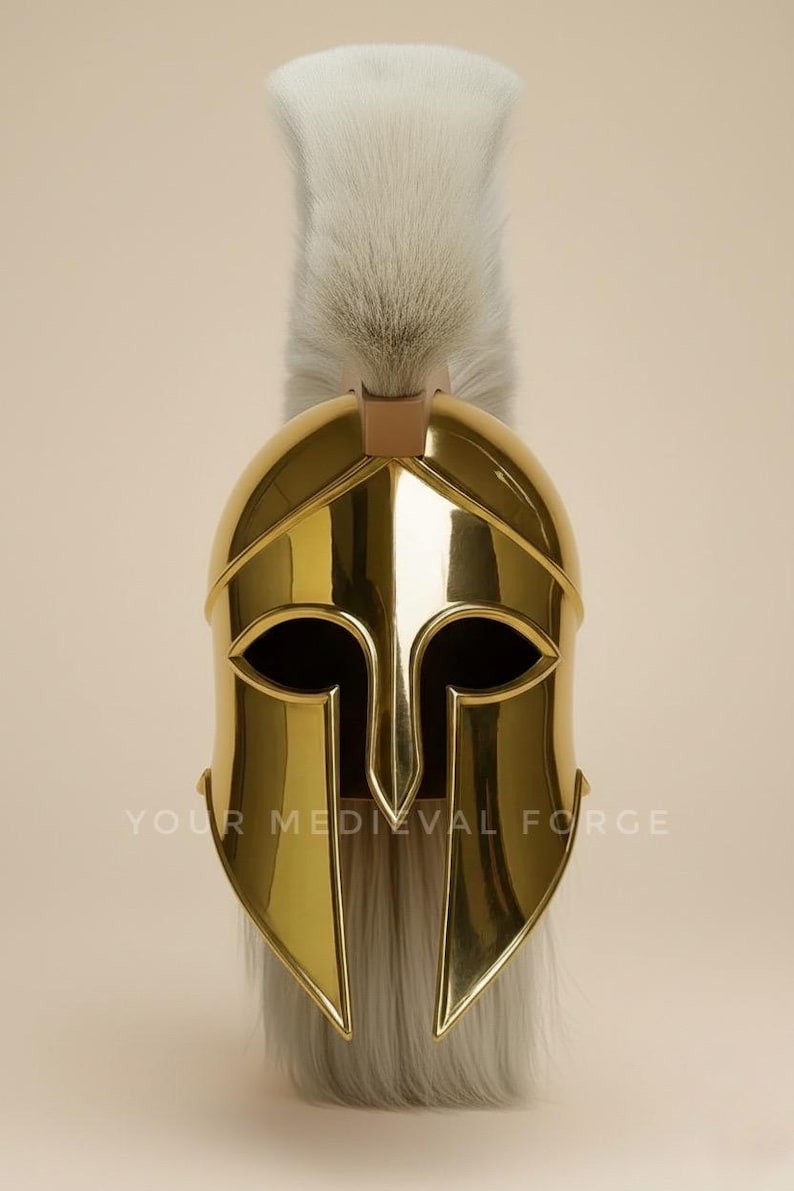 Handmade Golden Brass Spartan Helmet With White Crest Cosplay Armor - Etsy