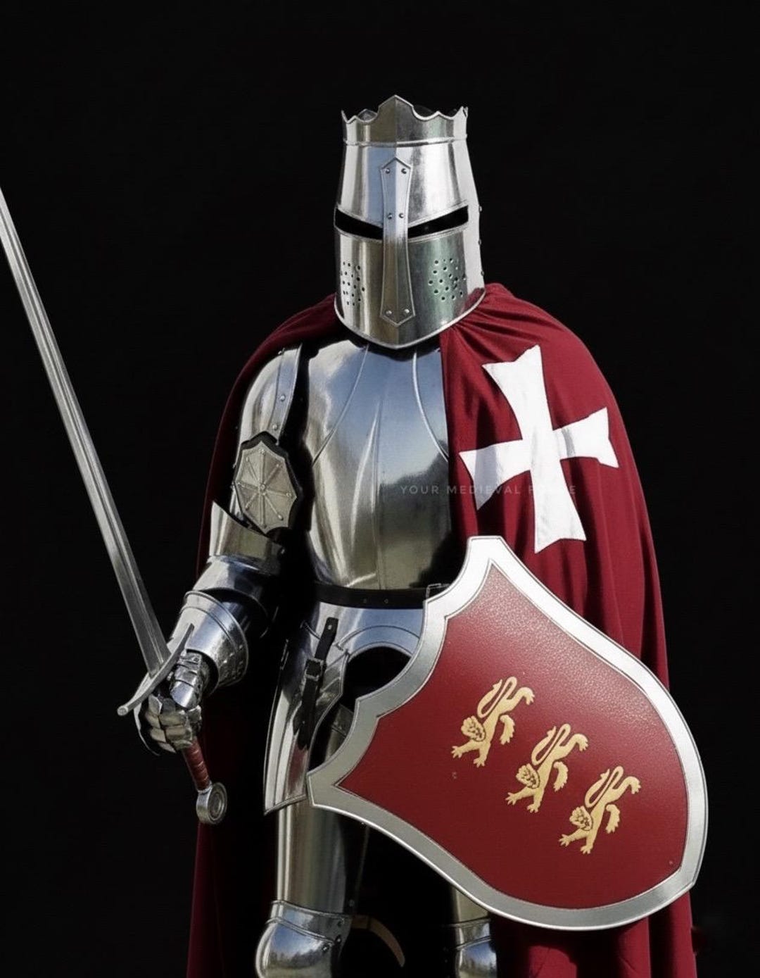 Medieval Knight Armor Set | Crusader Helmet, Red Lion Shield, Full ...
