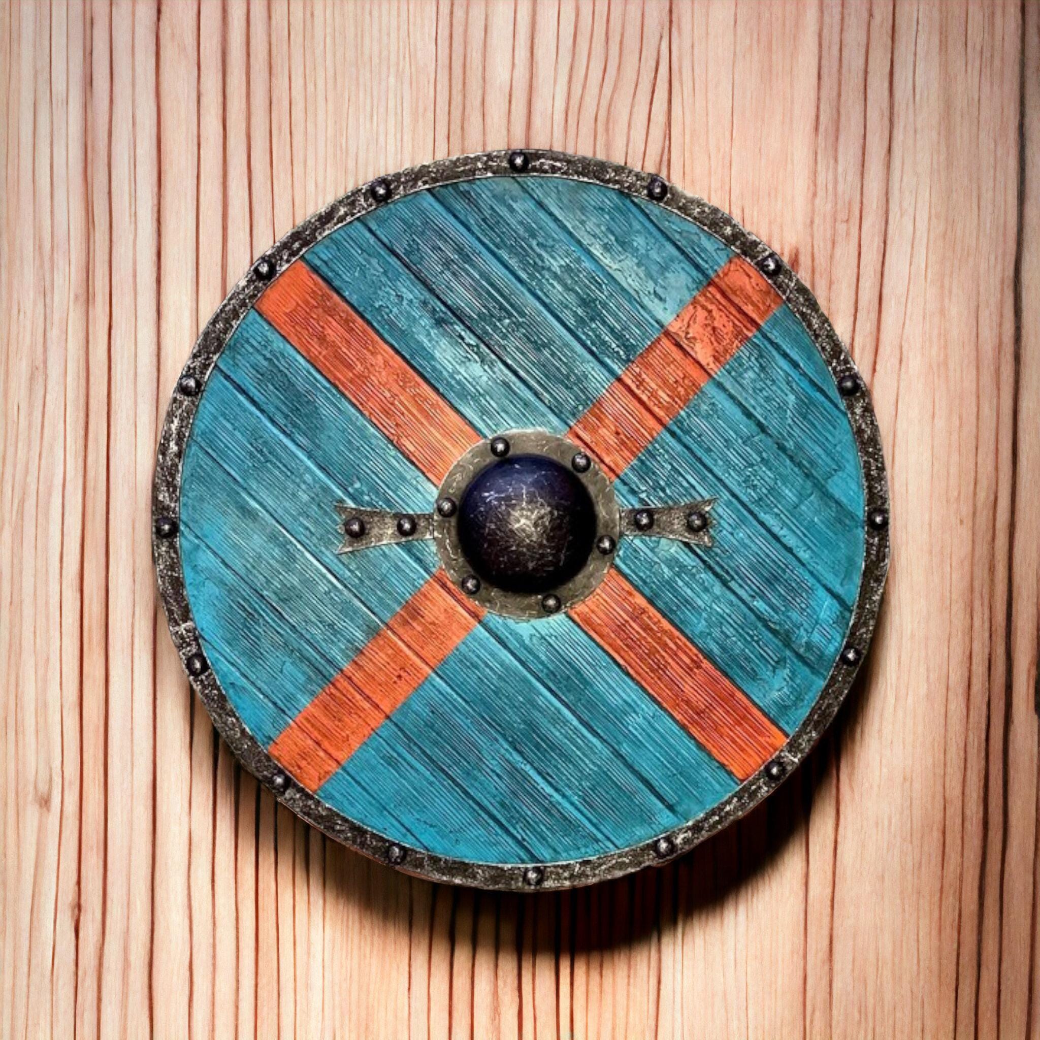 Handcrafted Viking Shield: Blue & Orange Nordic Decor - LARP Cosplay ...