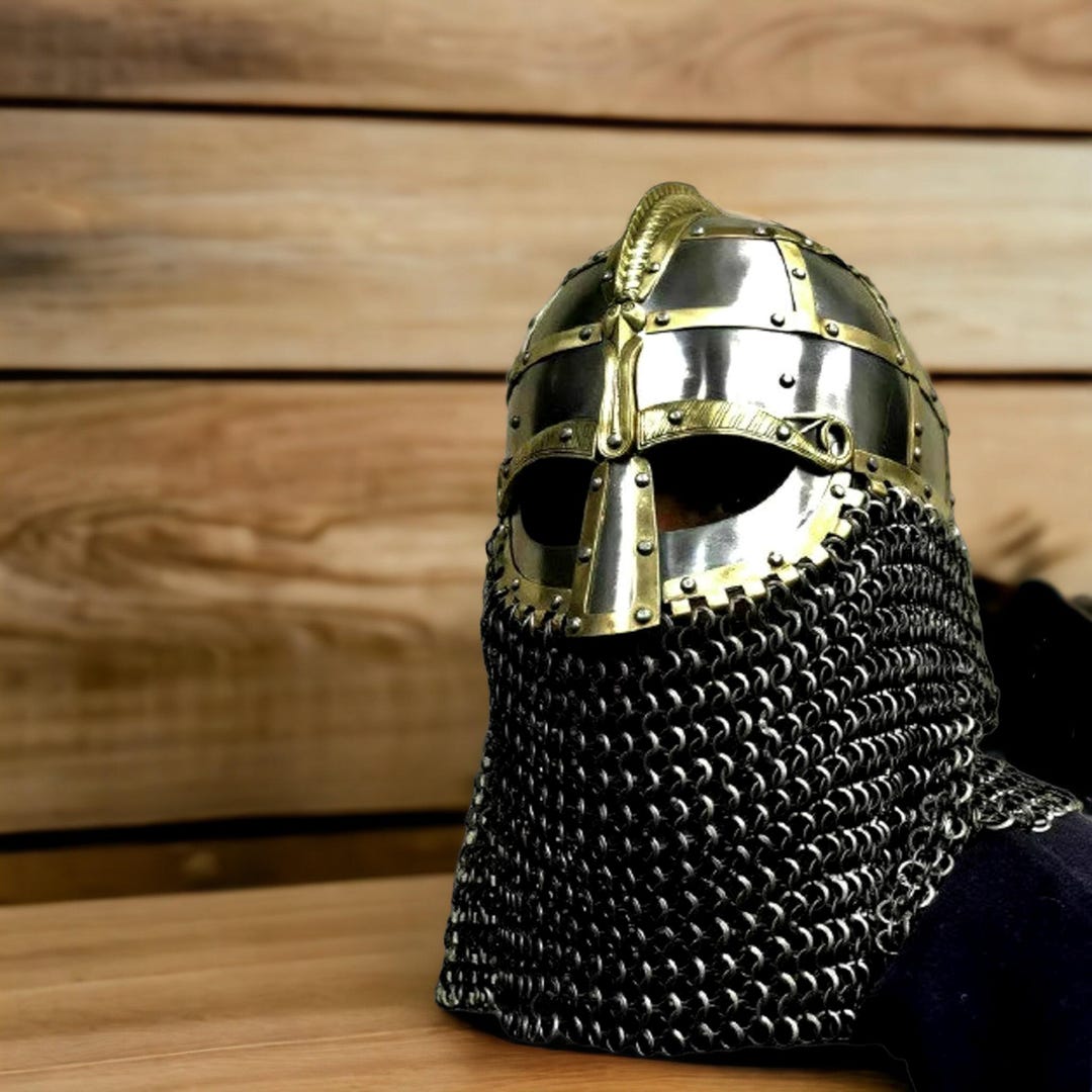 Deluxe Viking Chainmail Helmet With Brass Detailing – Norse Warrior ...