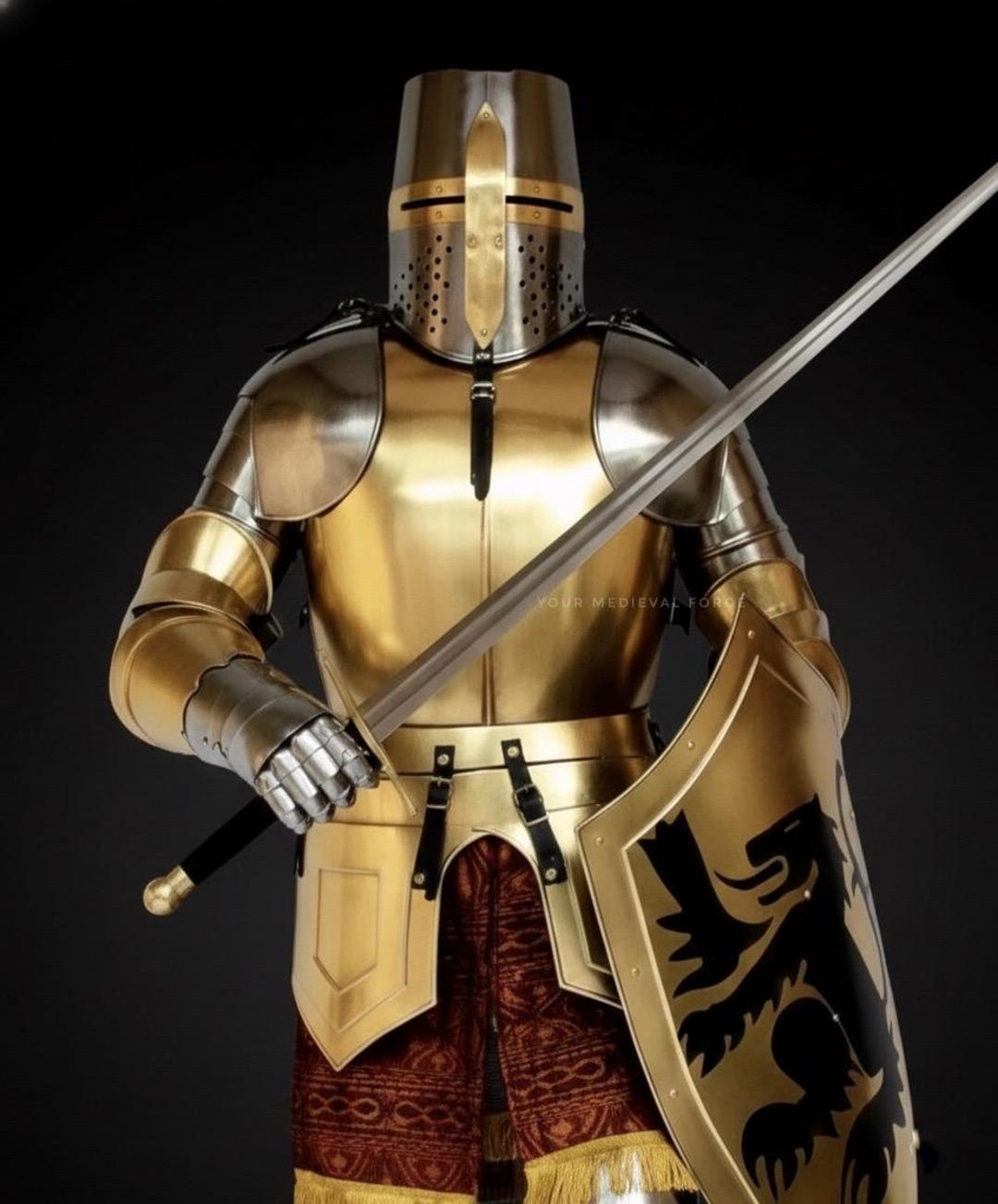 Handmade Golden Crusader Knight Armor Set With Lion Shield | Medieval ...