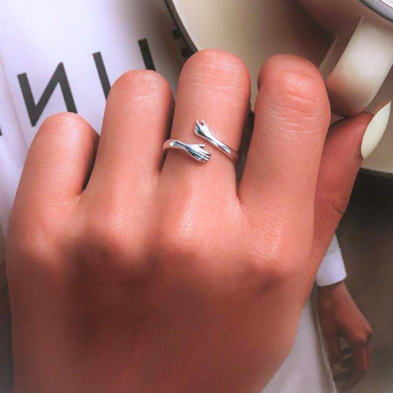 Silver Love Hugging Hand Stackable Ring, Sterling Silver Hug Ring ...