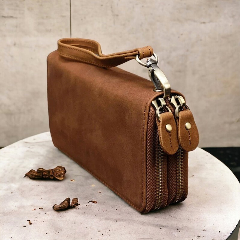 Leather Double Zipper Large Wallet - Etsy Canada