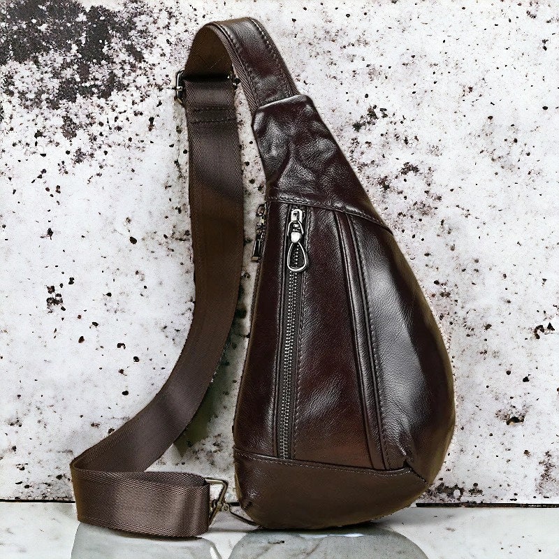 Genuine Leather Sling Bag, Men's Leather Sling Purse, Triangle ...