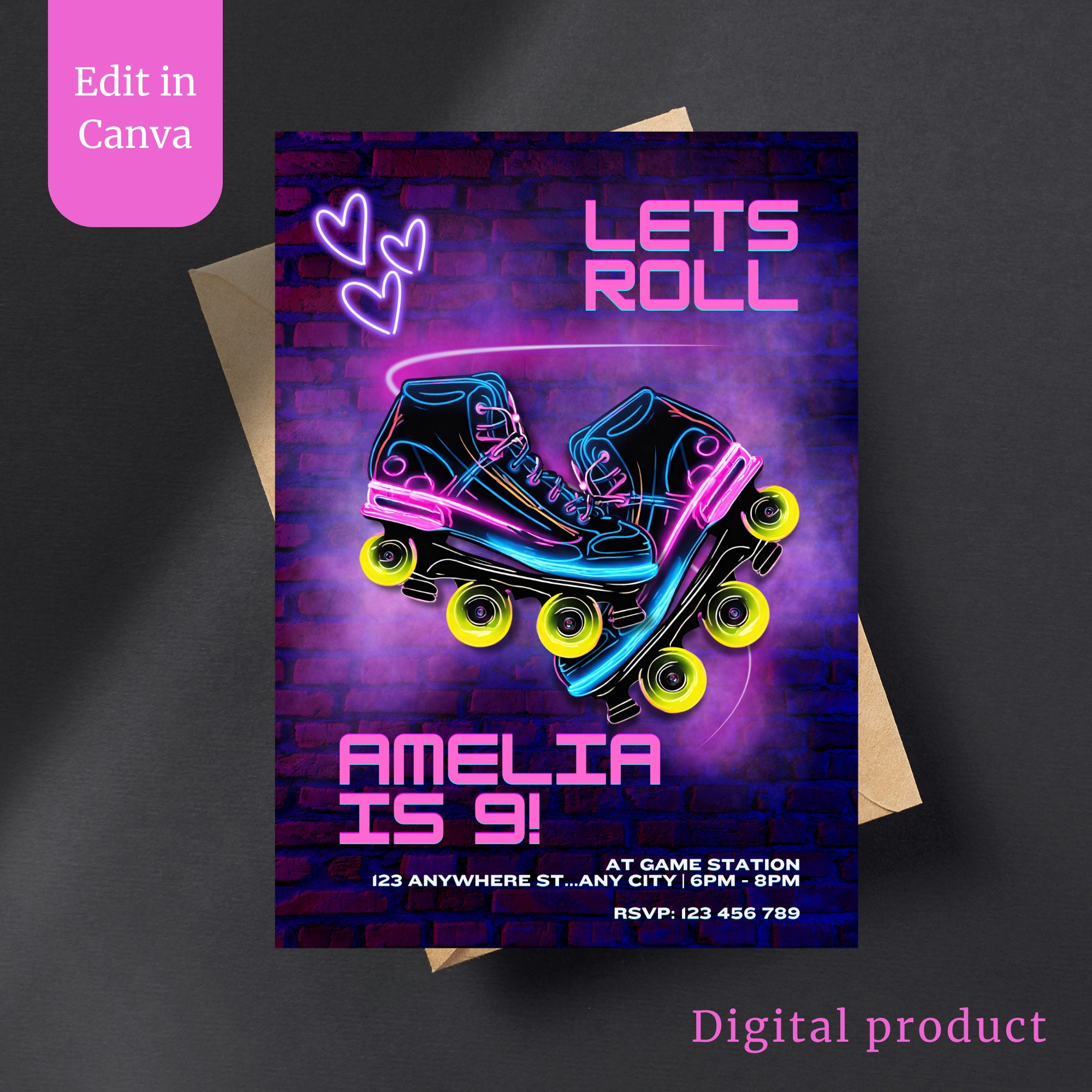 Customisable Roller Skating Birthday Invitation - Neon Glow Skate Party ...