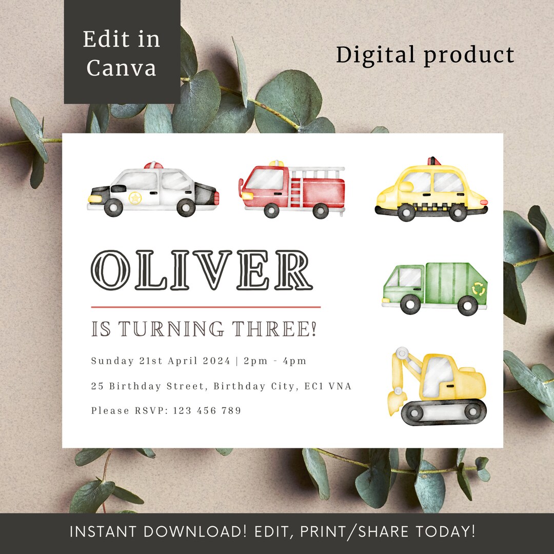 Transport Birthday Party Invitation - Personalised - Editable Canva ...