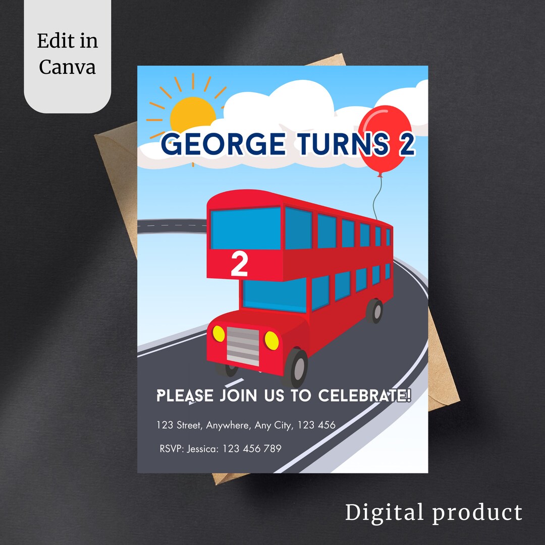 Red Bus Birthday Invitation, Bus Invite, Editable Birthday Invite, Red ...