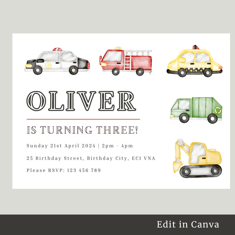 Transport Birthday Party Invitation - Personalised - Editable Canva ...