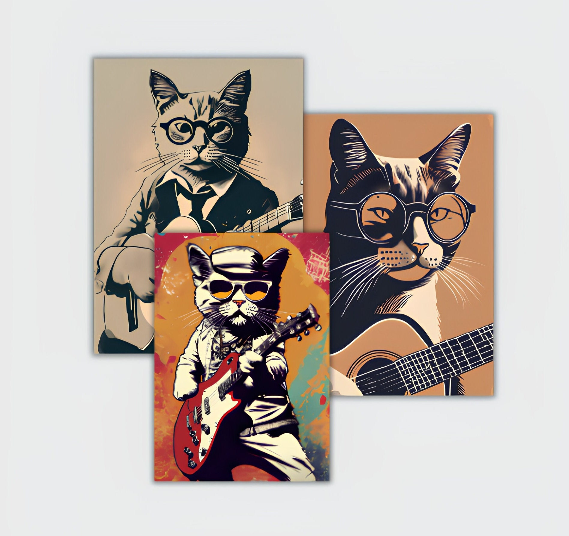 Rockstar Cat Printable Posters, Guitar Musician Kitten Wall Decor ...