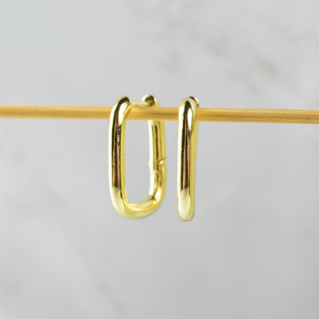 18K Gold Plated Rectangle Hoops Medium Size Gold Hoops Everyday Earrings Classic Hoops Vintage ...