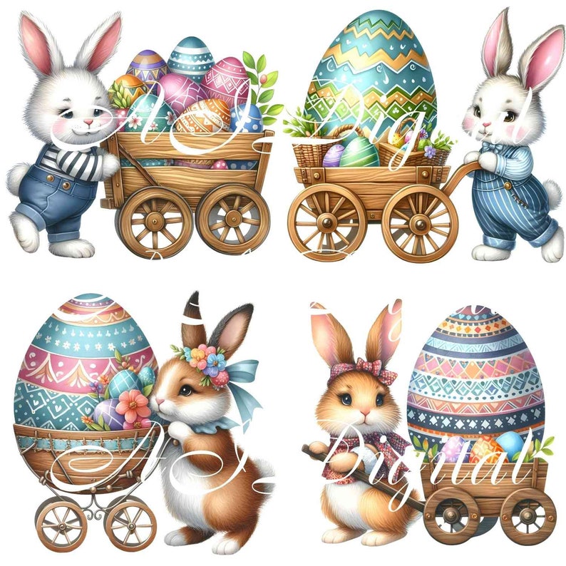 Cute Easter Bunny Pushing Cart With Easter Eggs,digital Download ...