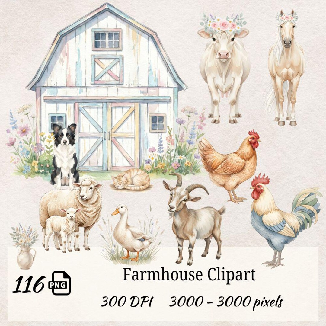 Farmhouse Clipart Bundle | Watercolor Barn & Farm Animals PNG | 116 PNG ...