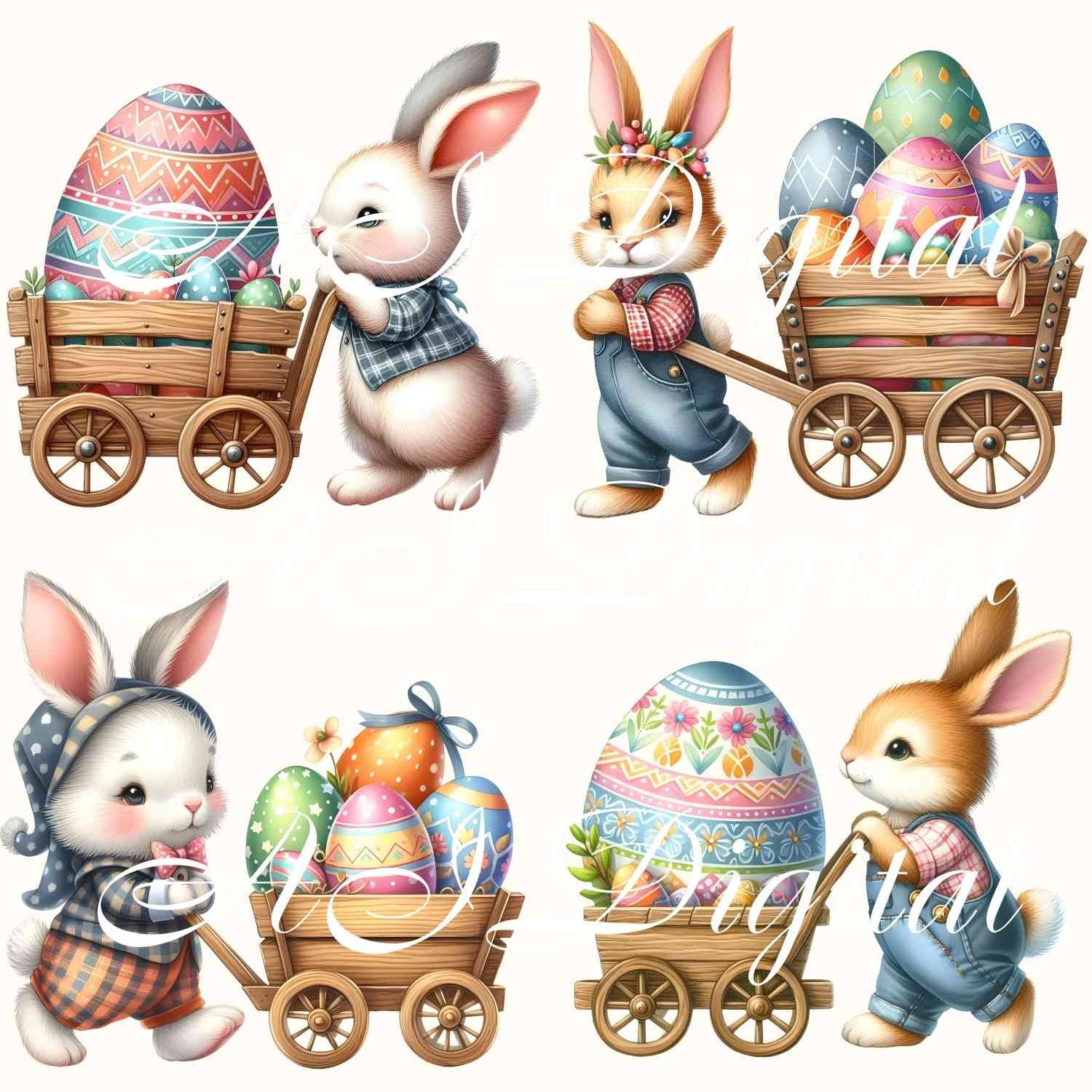 Cute Easter Bunny Pushing Cart With Easter Eggs,digital Download ...