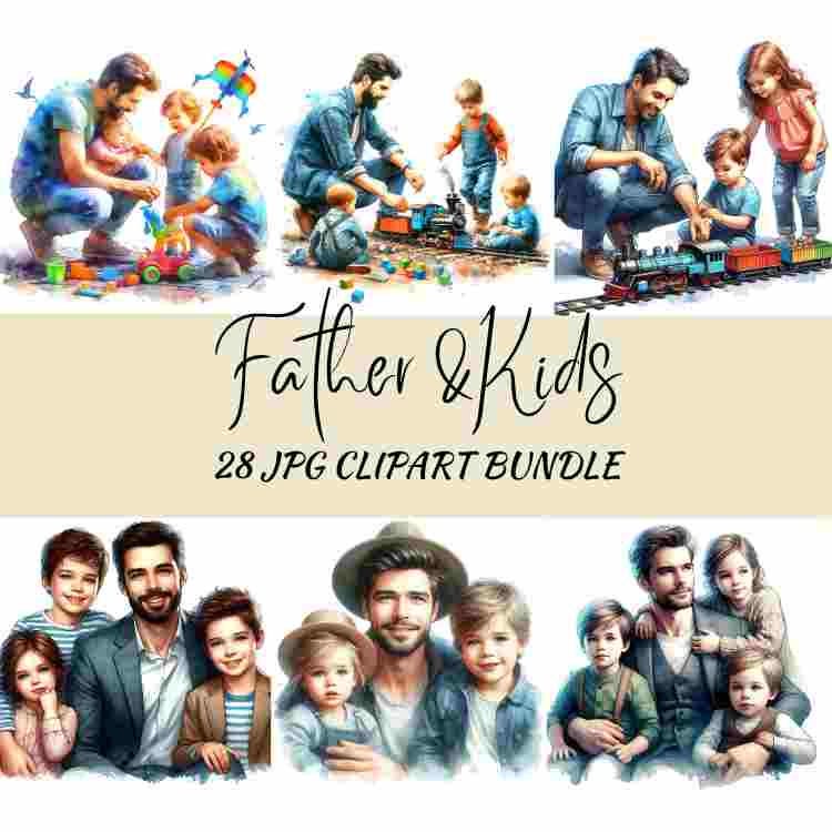 Father and Kids Digital Clipart | Cute Family Art | Dad and Children ...