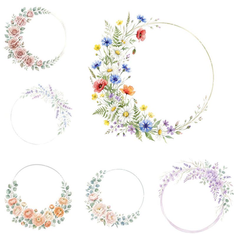 Watercolor Floral Wreath Clipart PNG, Round Flower Frames, Botanical ...