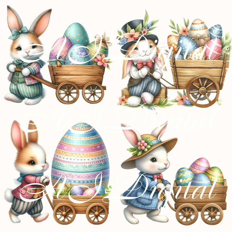 Cute Easter Bunny Pushing Cart With Easter Eggs,digital Download ...