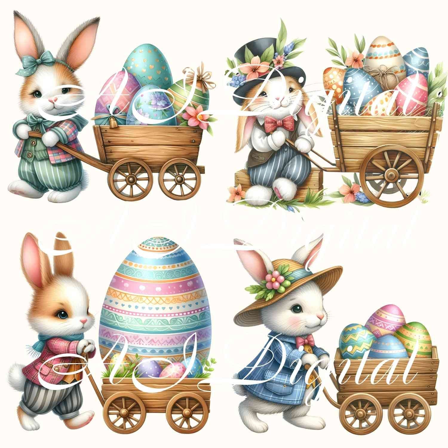 Cute Easter Bunny Pushing Cart With Easter Eggs,digital Download ...