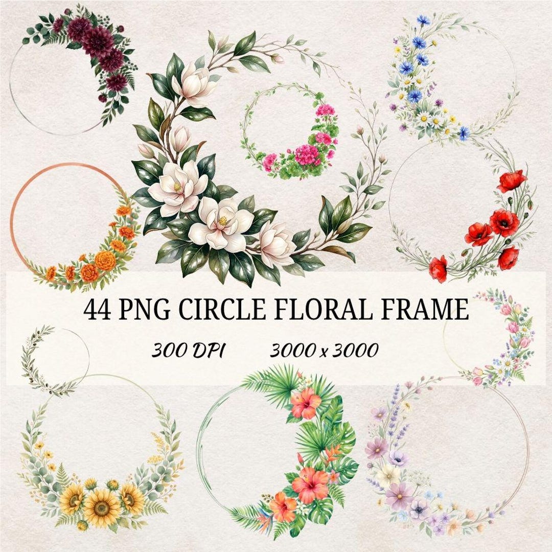 Watercolor Floral Wreath Clipart PNG, Round Flower Frames, Botanical ...