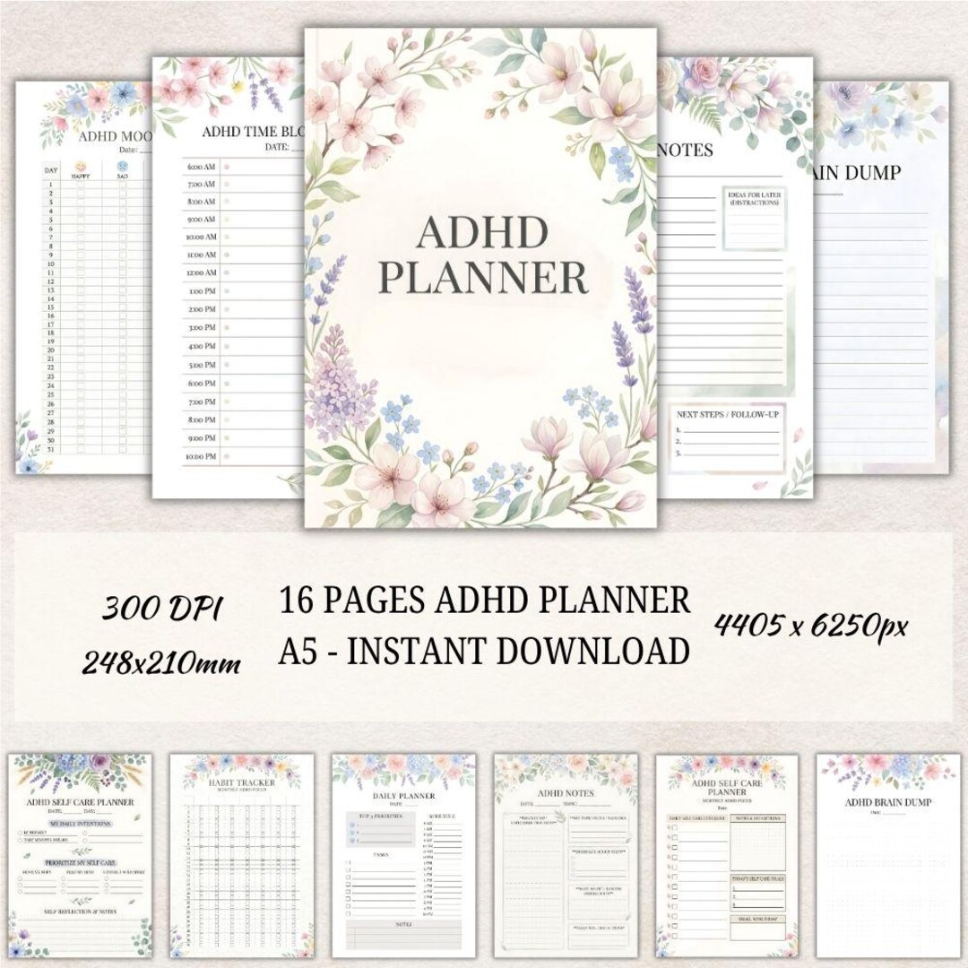 ADHD Planner Printable A5, Spring Floral Planner, Daily Weekly Monthly ...