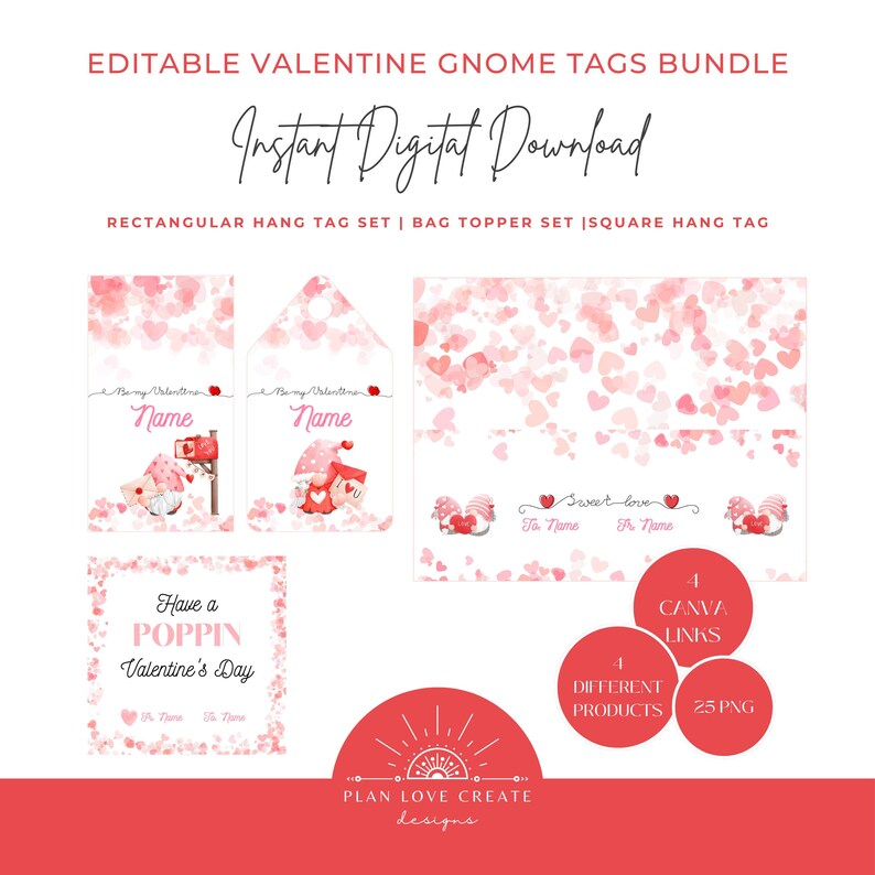 Editable Valentine Gnome Gift Tags Set, Saint Valentine Gift Tags ...