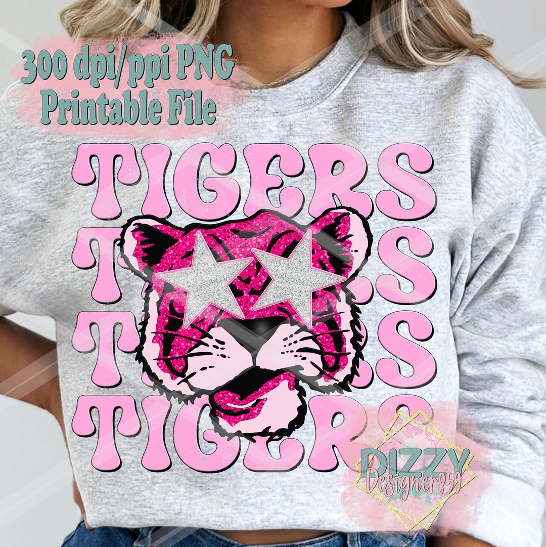 Preppy Pink Tigers Stacked Mascot Glitter Silver Star Eyes Tigers ...